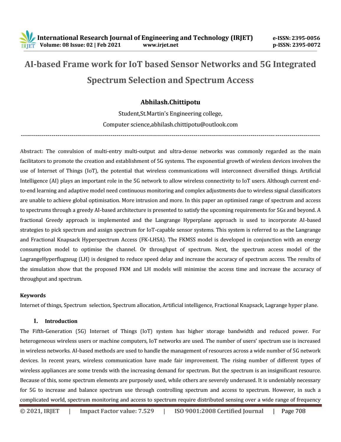 IRJET- AI-based Frame work for IoT based Sensor Networks and 5G Integrated Spectrum Selection an ...