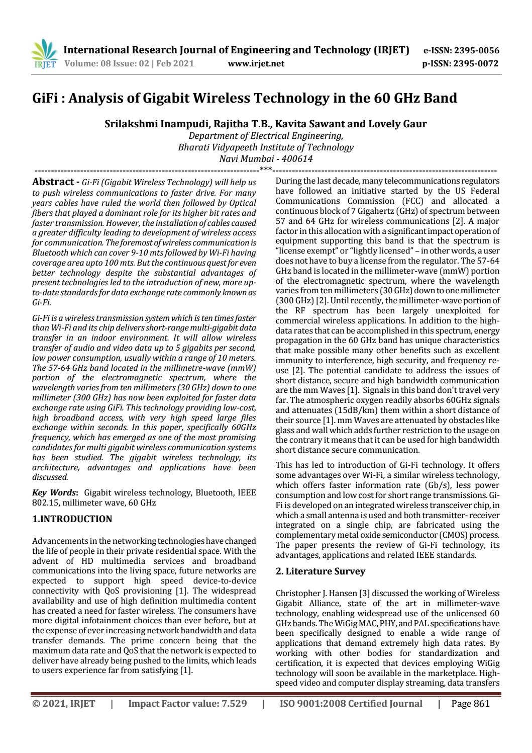 IRJET- GiFi : Analysis of Gigabit Wireless Technology in the 60 GHz ...