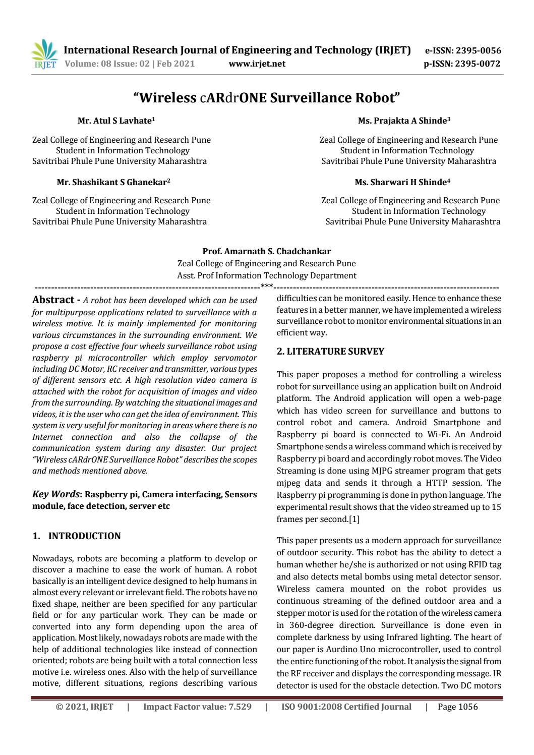 IRJET- Wireless cARdrONE Surveillance Robot by IRJET Journal - Issuu