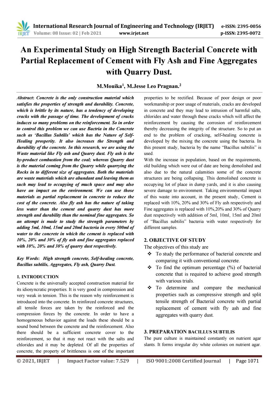 IRJET- An Experimental Study on High Strength Bacterial Concrete with ...