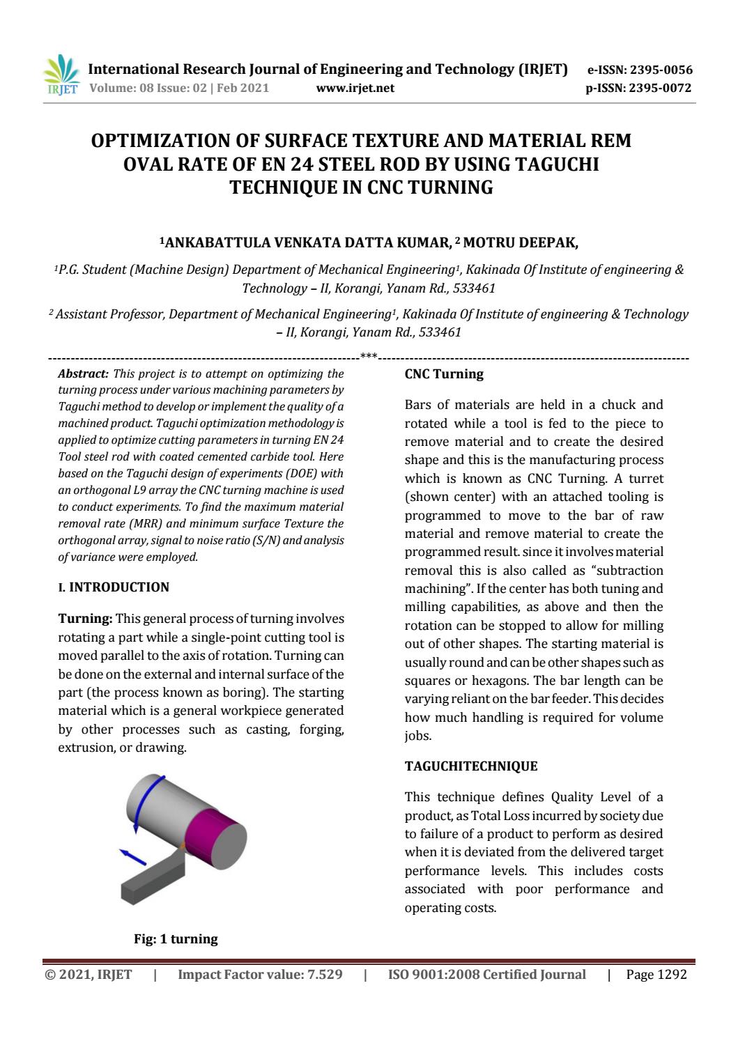 Irjet Optimization Of Surface Texture And Material Rem Oval Rate Of En 24 Steel Rod By Using Ta