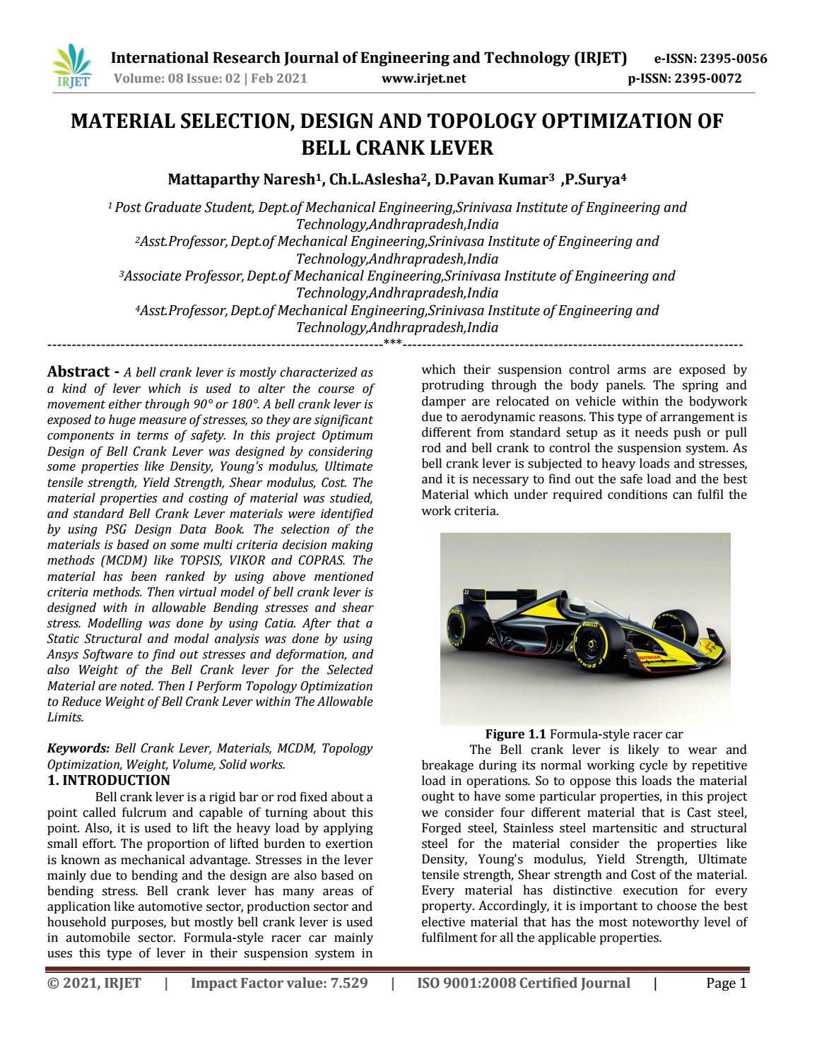 IRJET- Material Selection, Design and Topology Optimization of Bell Crank Lever by IRJET Journal ...