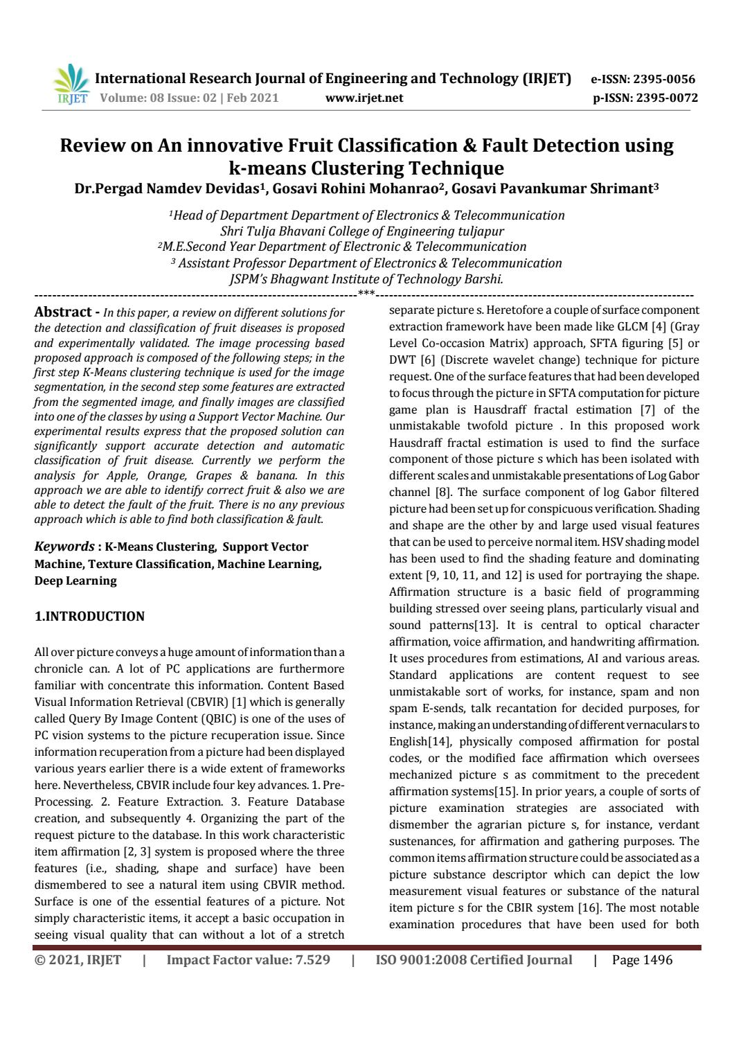 IRJET- Review on An innovative Fruit Classification & Fault Detection using k-means Clustering ...