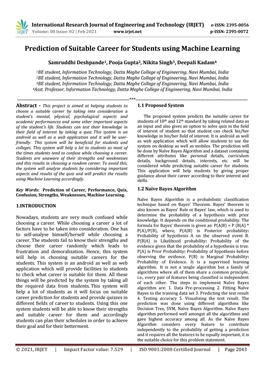 IRJET- Prediction of Suitable Career for Students using Machine ...