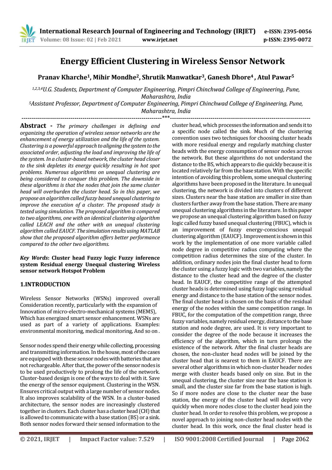 IRJET- Energy Efficient Clustering in Wireless Sensor Network by IRJET Journal - Issuu