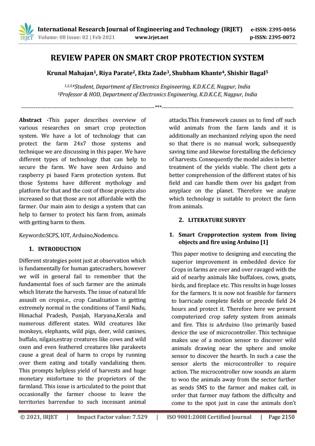 IRJET- Review Paper on Smart Crop Protection System by IRJET Journal ...