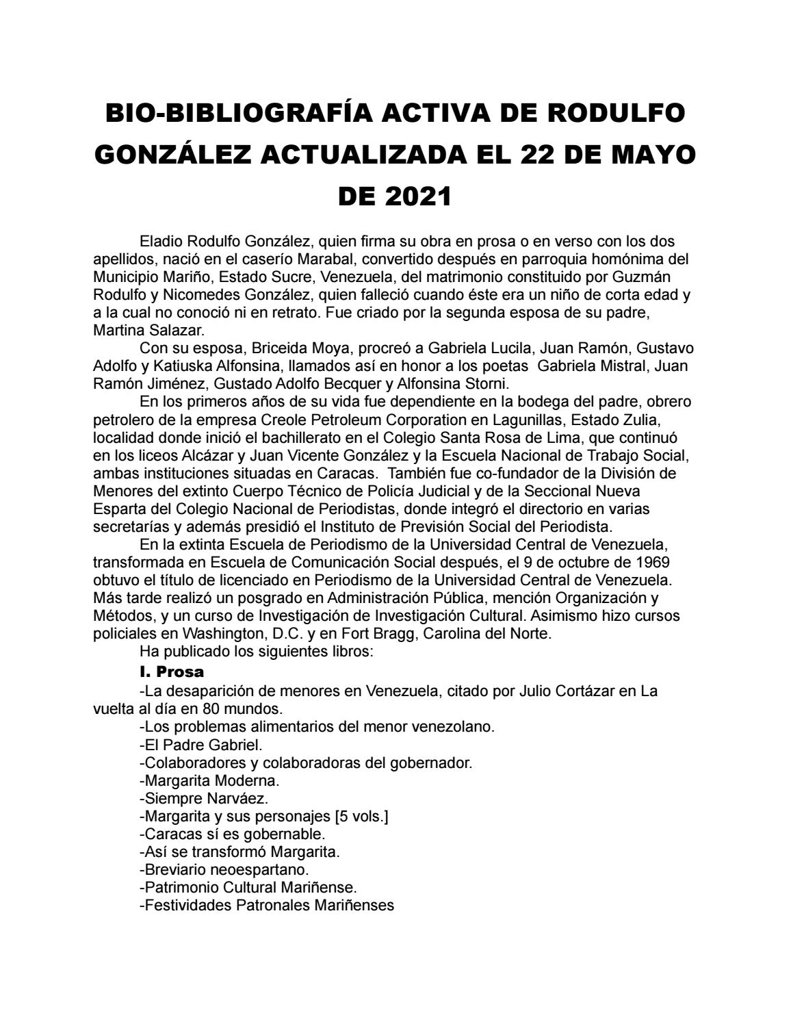 BIO-BIBLIOGRAFÍA ACTIVA DE RODULFO GONZÁLEZ ACTUALIZADA EL 22 DE MAYO DE 2021 by Eladio Rodulfo ...