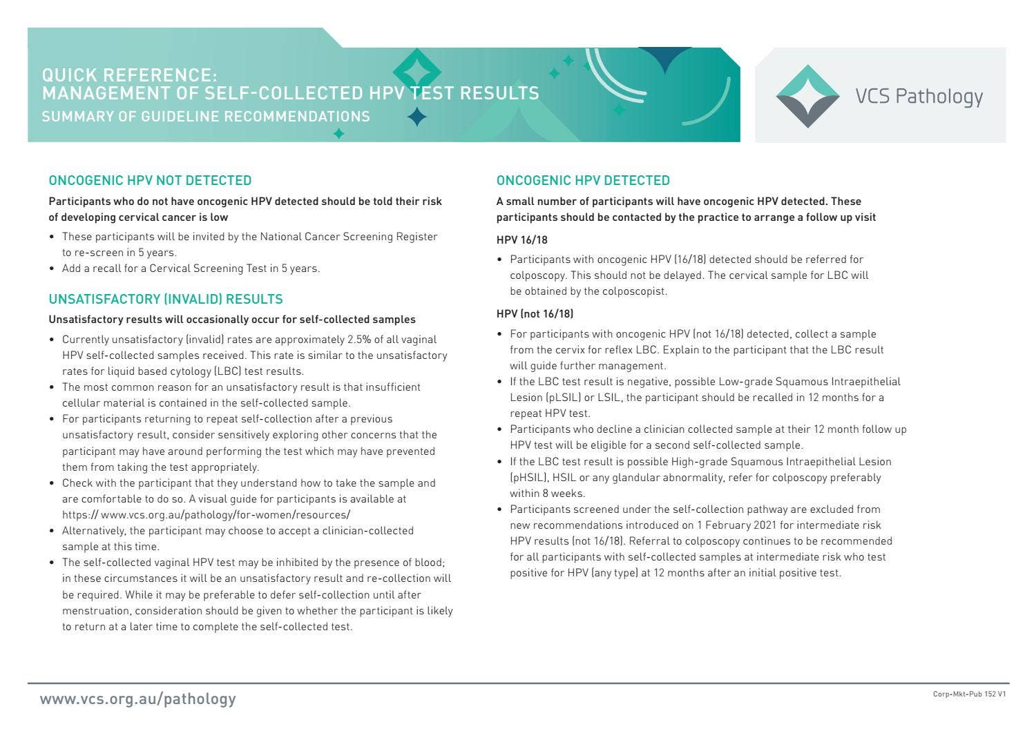 MANAGEMENT OF SELF-COLLECTED HPV TEST RESULTS by Victorian Cytology ...