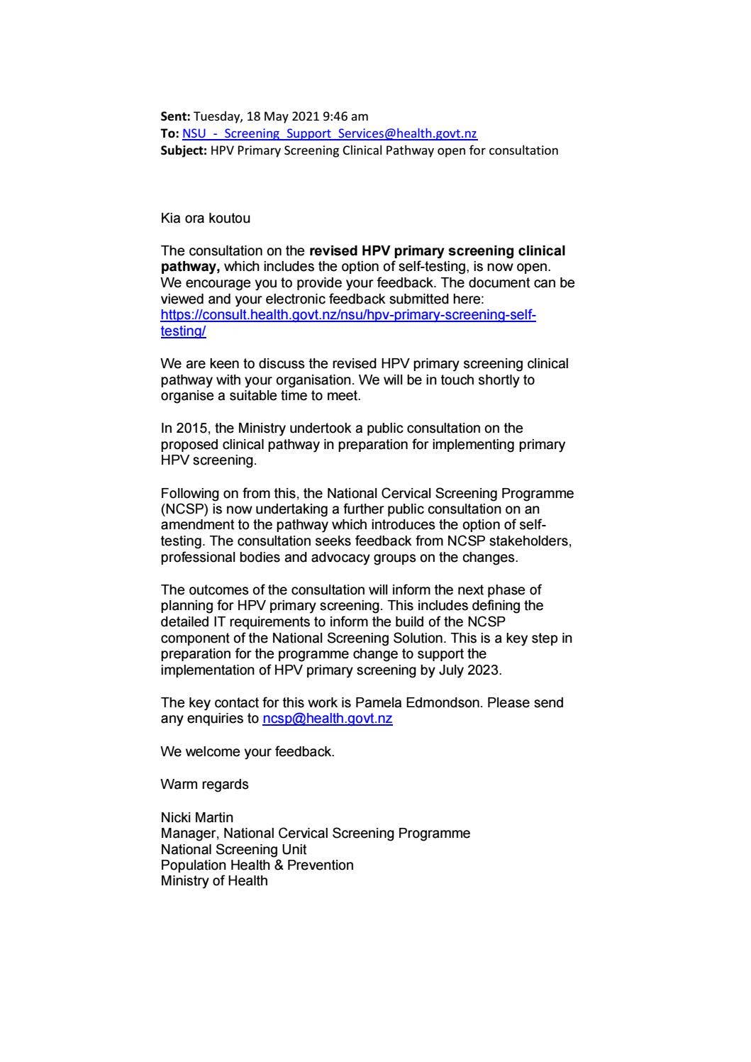 HPV Primary Screening Clinical Pathway open for consultation by WBOP ...