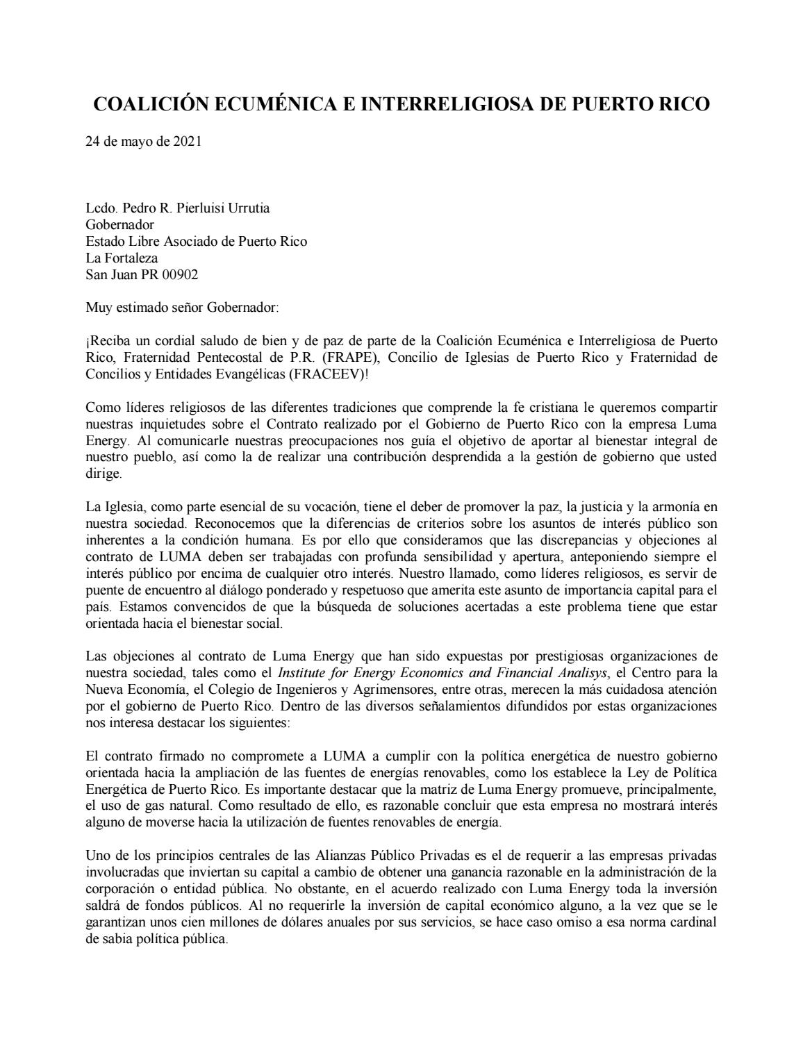 Iglesias envían carta a Pedro Pierluisi con preocupaciones sobre el ...