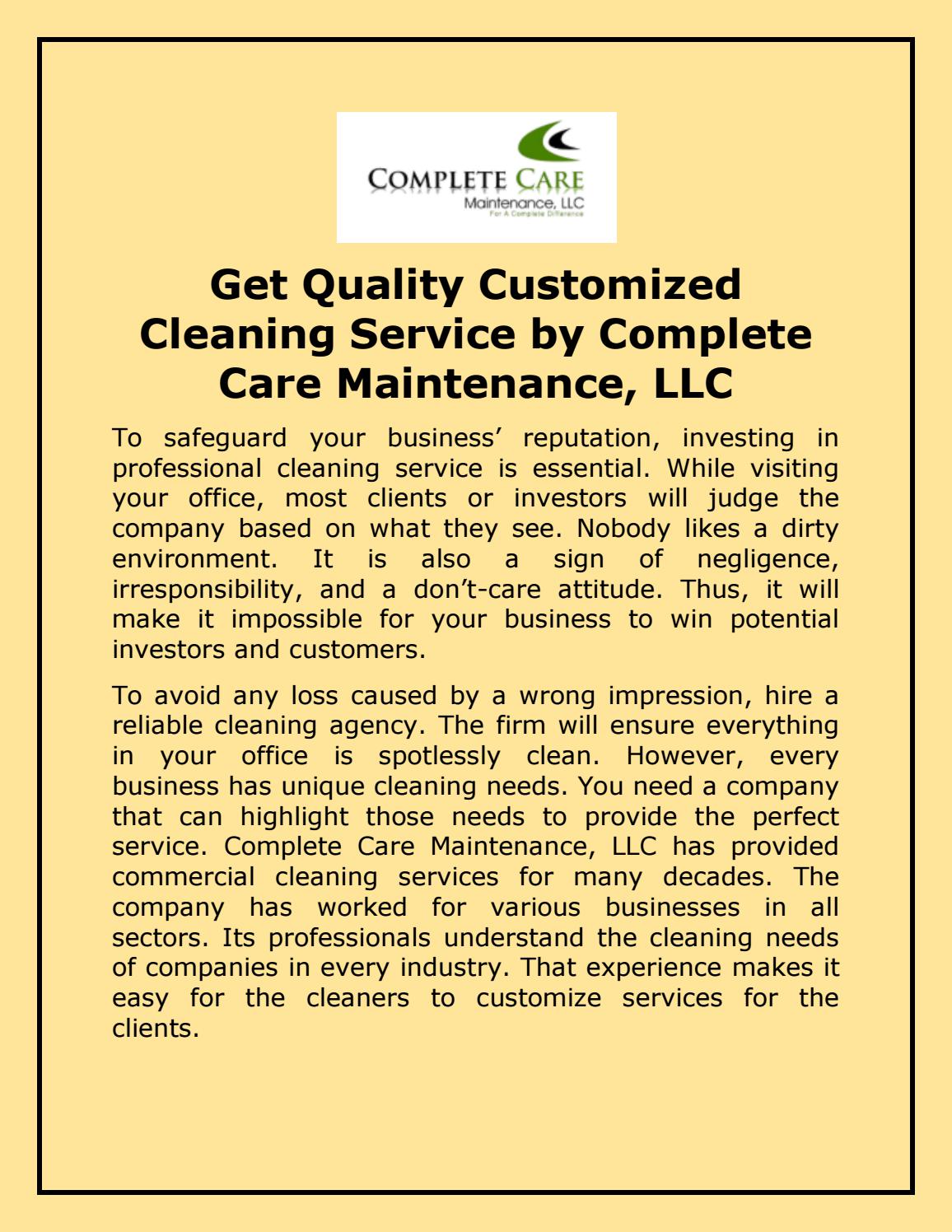 Get Quality Customized Cleaning Service by Complete Care Maintenance ...