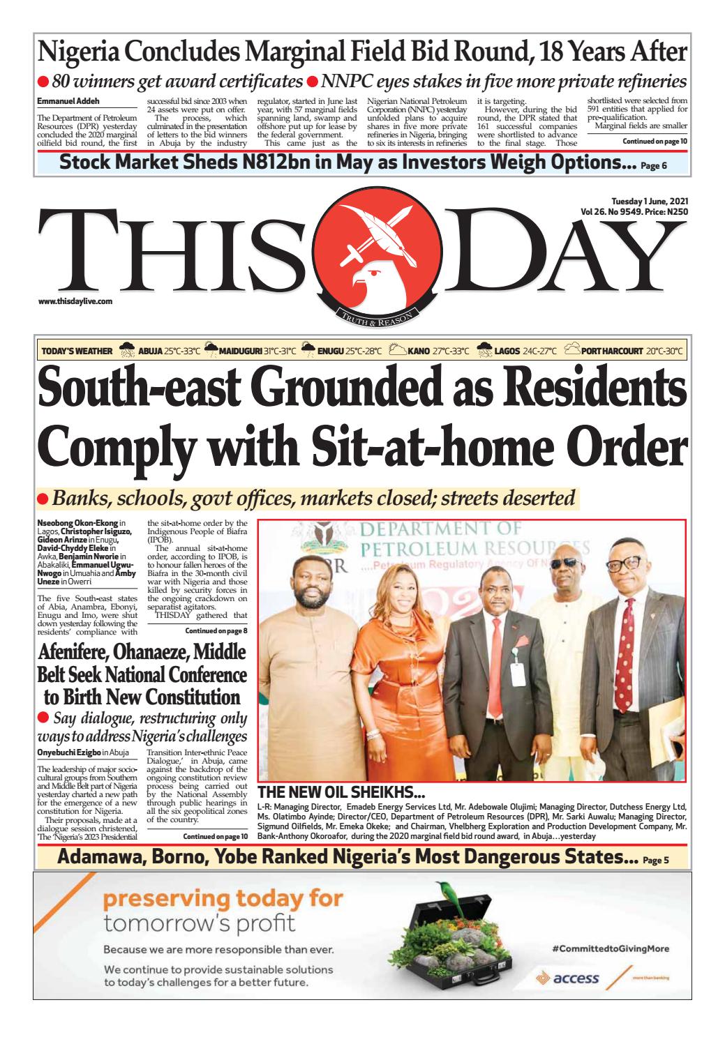 TUESDAY 1ST JUNE 2021 by THISDAY Newspapers Ltd - Issuu
