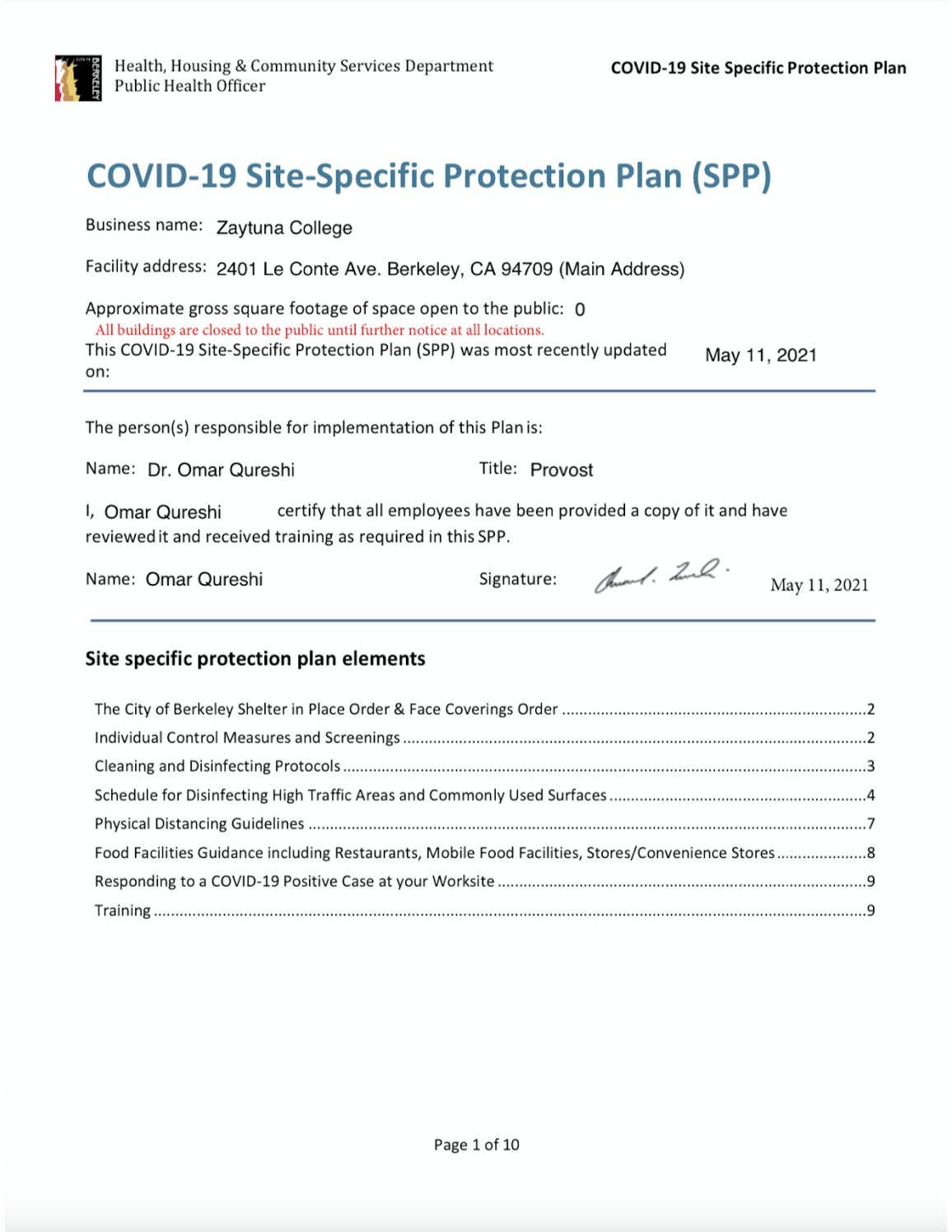 Zaytuna College's COVID-19 Site-Specific Protection Plan (SPP) by ...