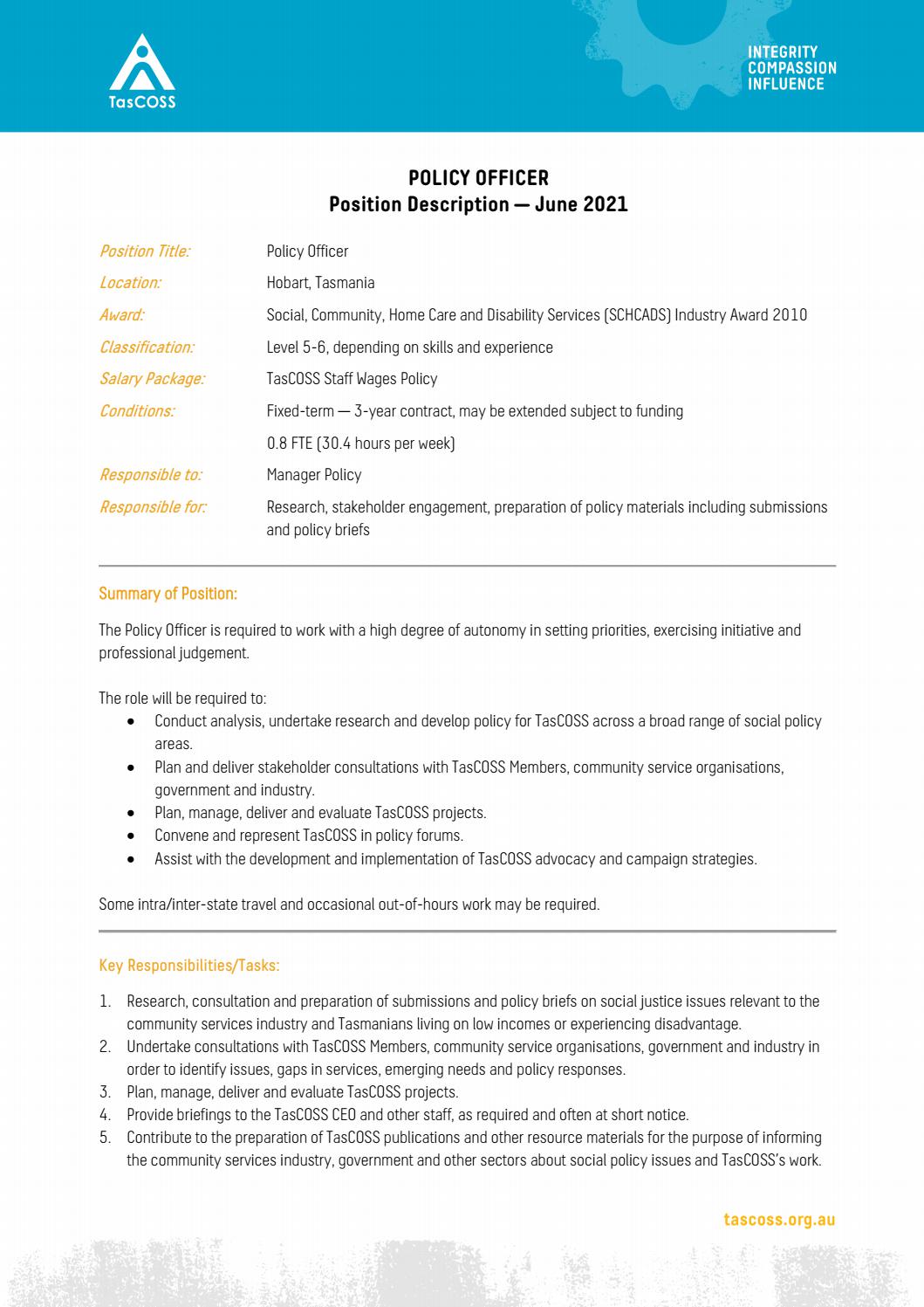 Policy Officer — Position Description (June 2021) by Tasmanian Council ...