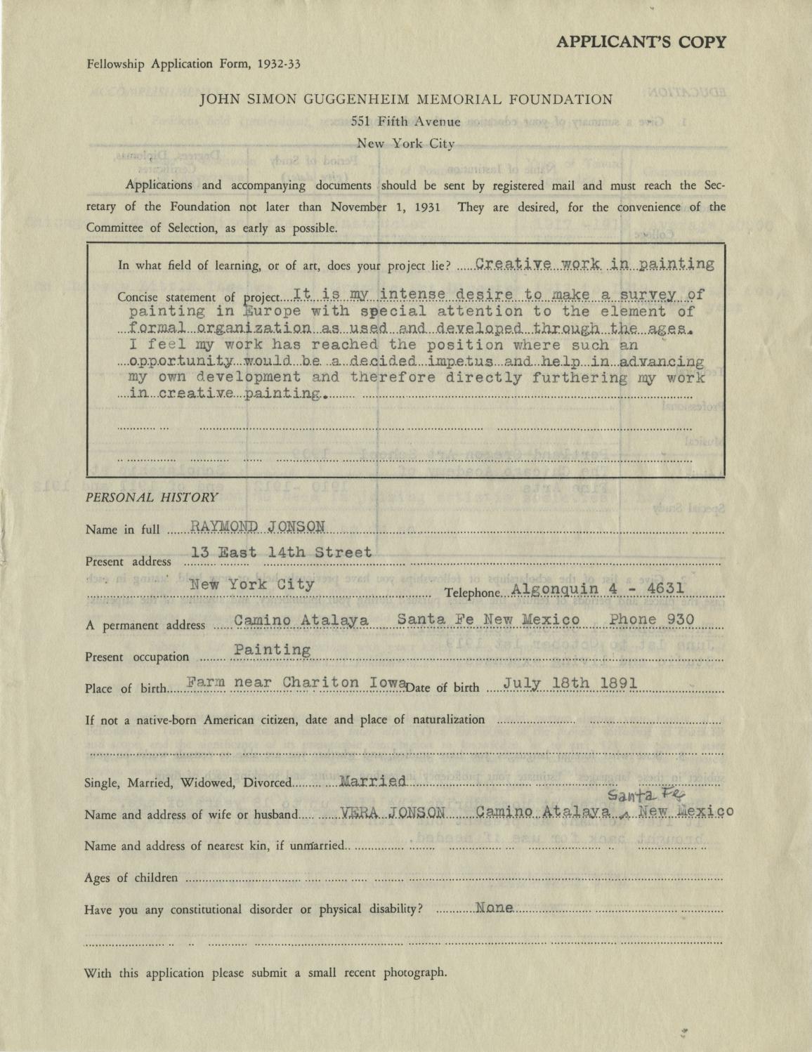 Raymond Jonson s Guggenheim Memorial Foundation Fellowship Application 