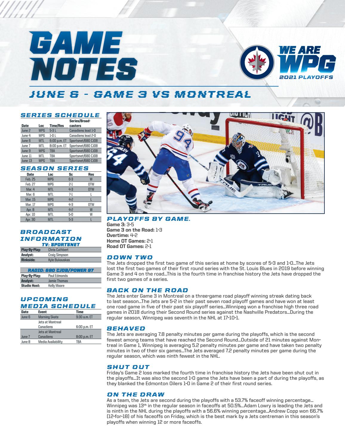Winnipeg Jets Game Notes - June 6, 2021 at Montreal Canadiens by ...