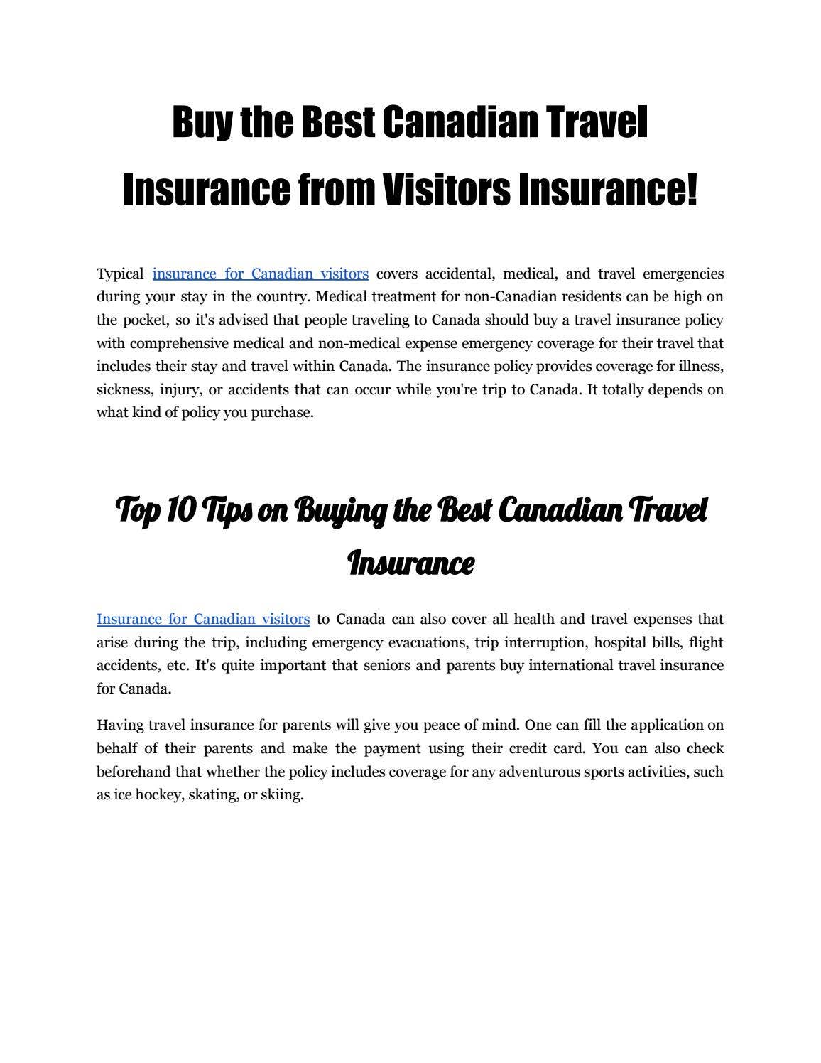Buy the Best Canadian Travel Insurance from Visitors Insurance by ...