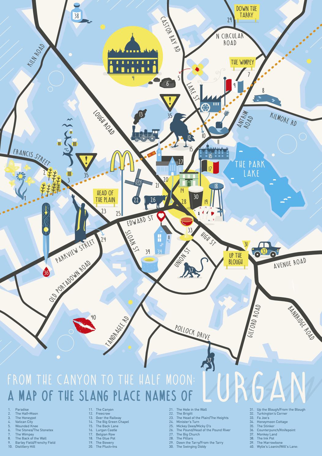 Colloquial Place Name Map of Lurgan by Armagh City Banbridge ...