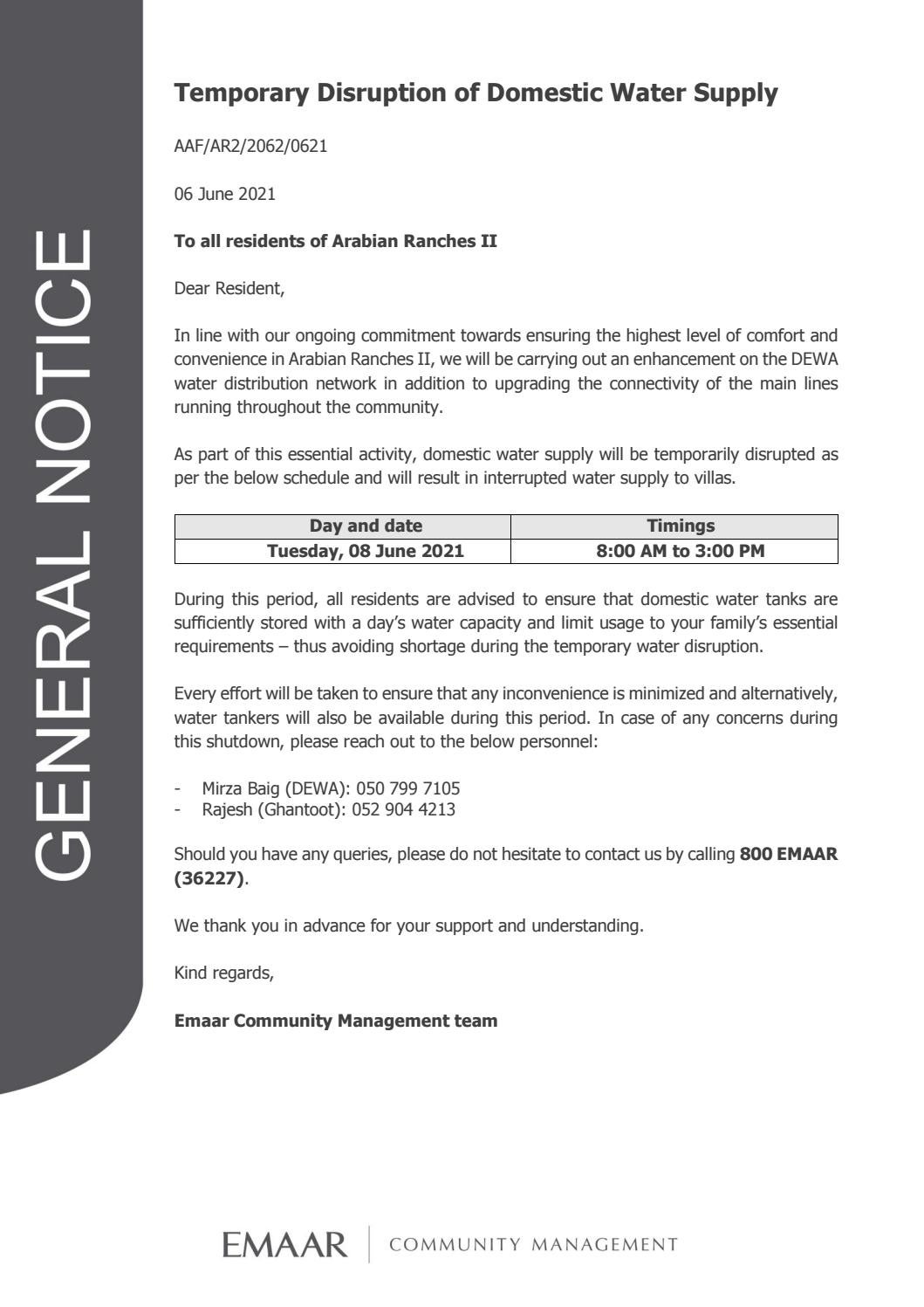 Temporary Disruption of Water Supply by Emaar Community Management - Issuu