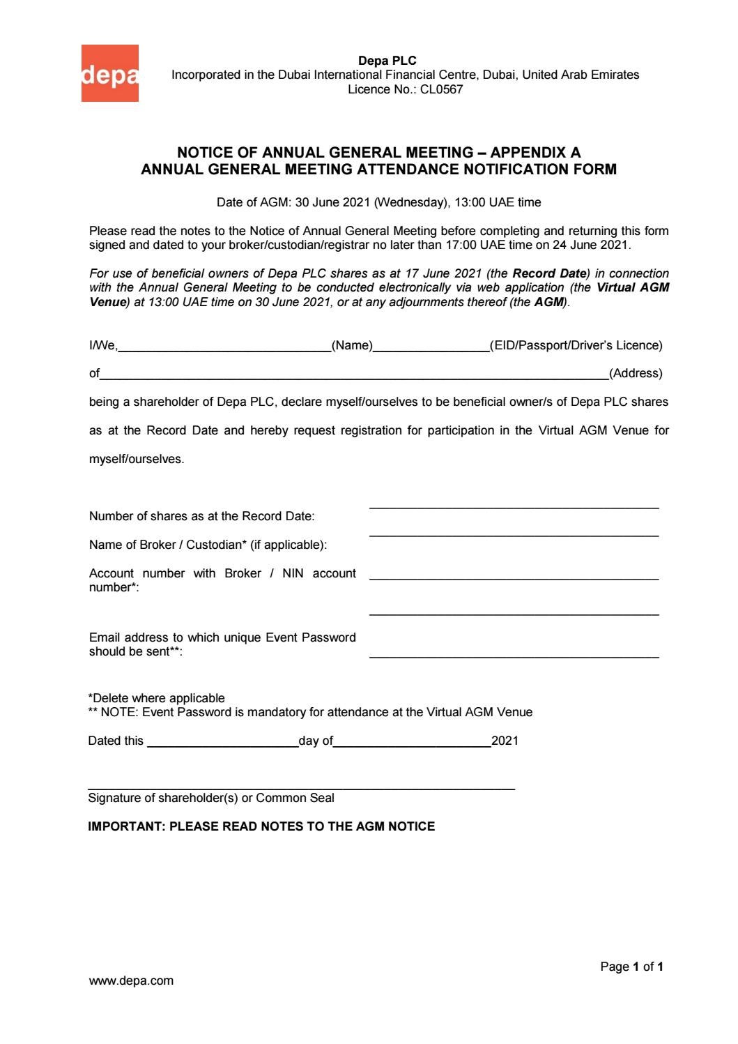 Depa PLC FY 2021 Notice of AGM – Appendix A - Annual General Meeting by ...