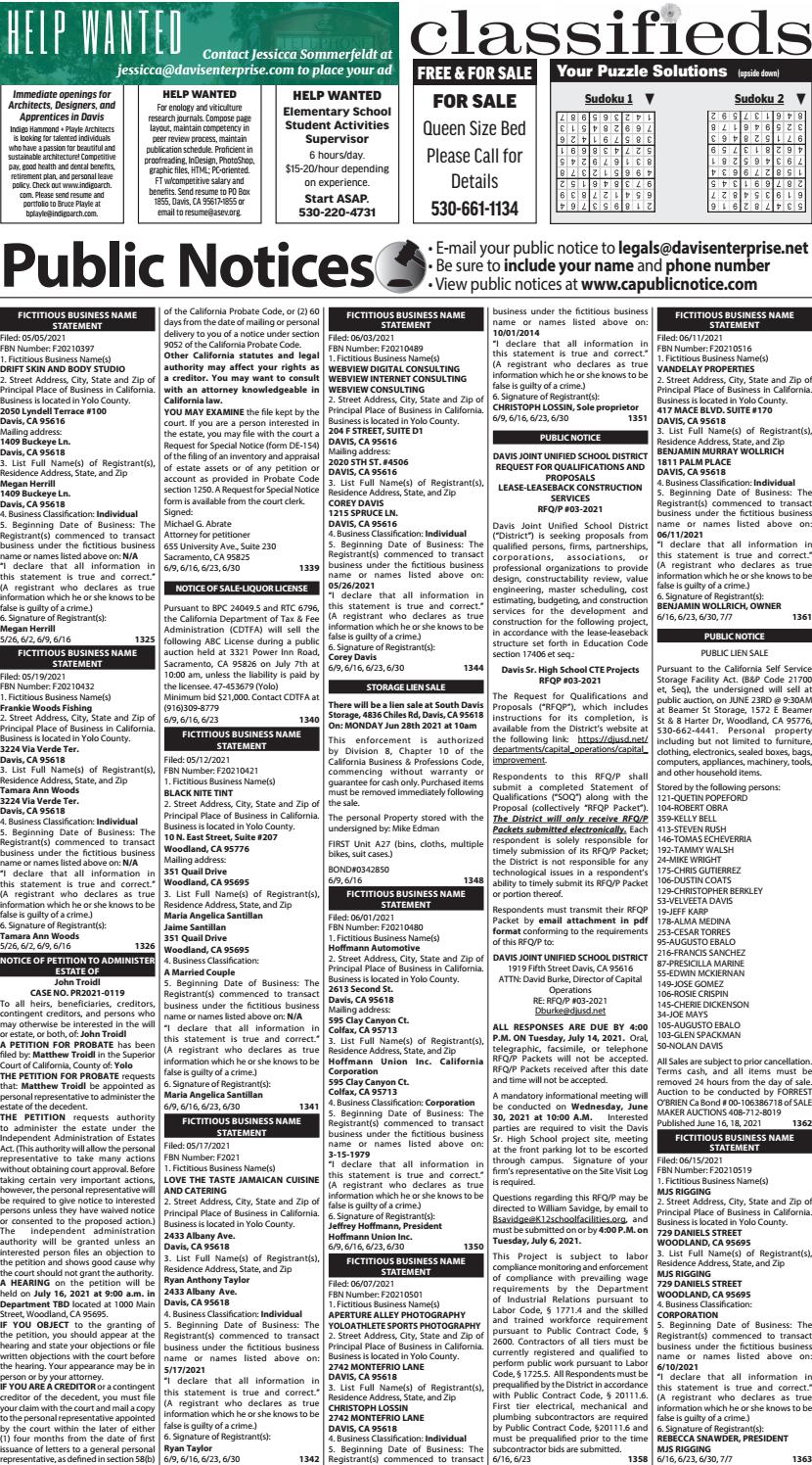 Davis Enterprise classifieds Wednesday, June 16, 2021 by ...