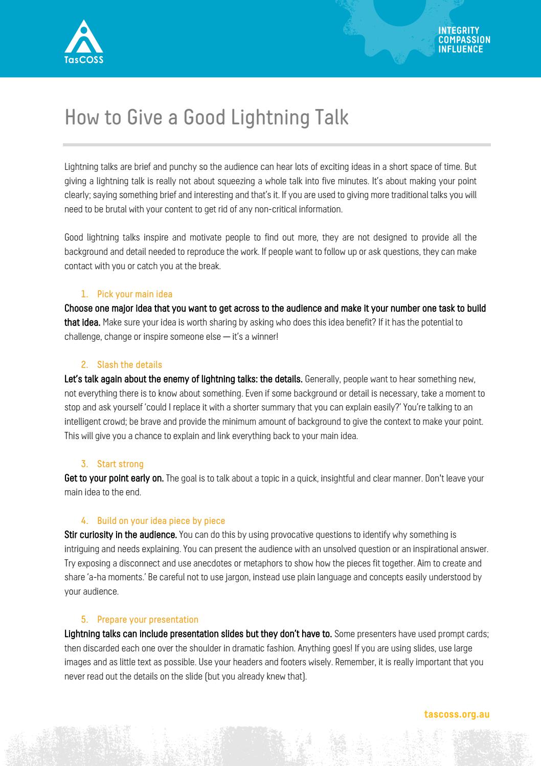 How to Give a Good Lightning Talk by Tasmanian Council of Social ...