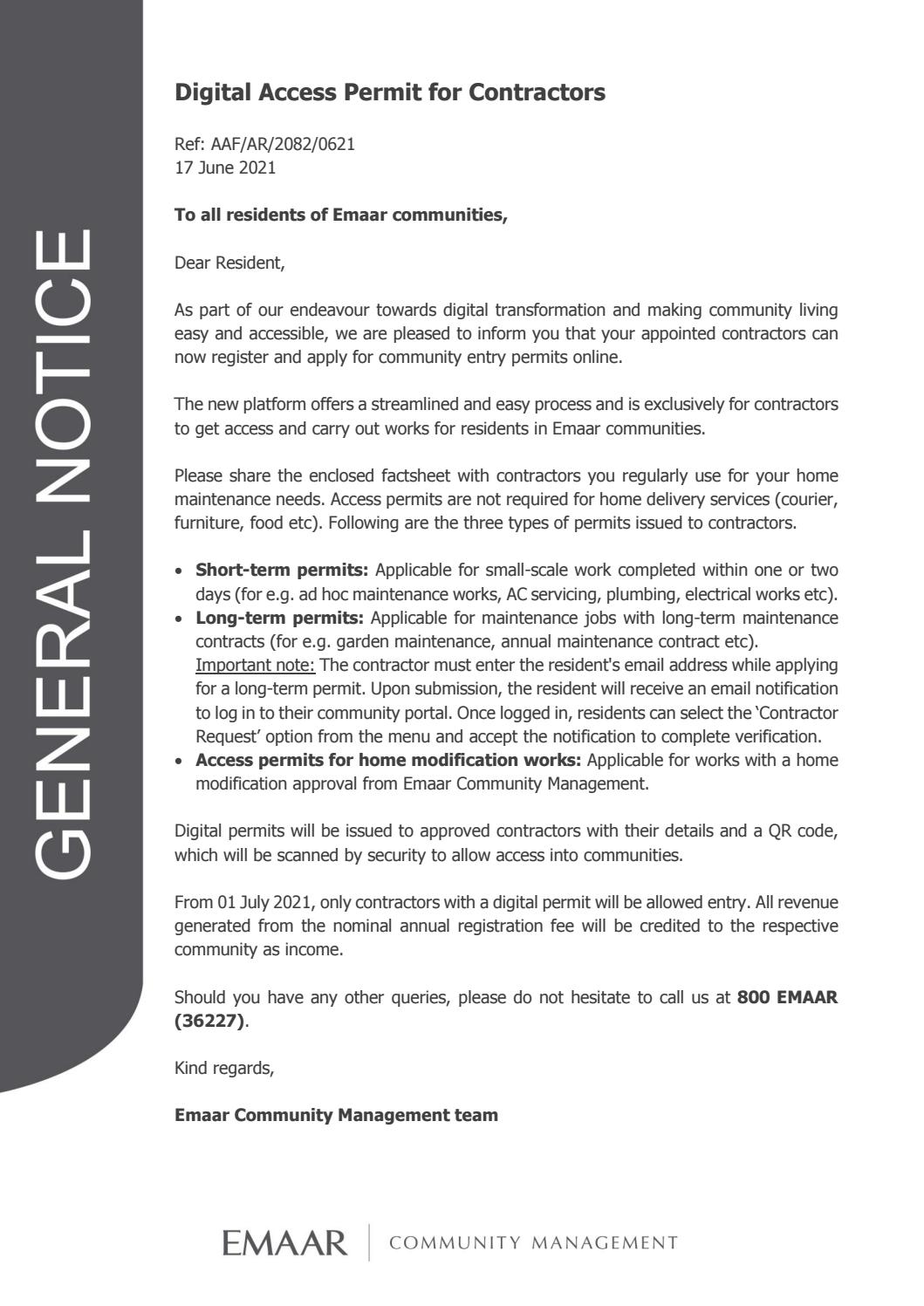 Digital contractor permits by Emaar Community Management - Issuu