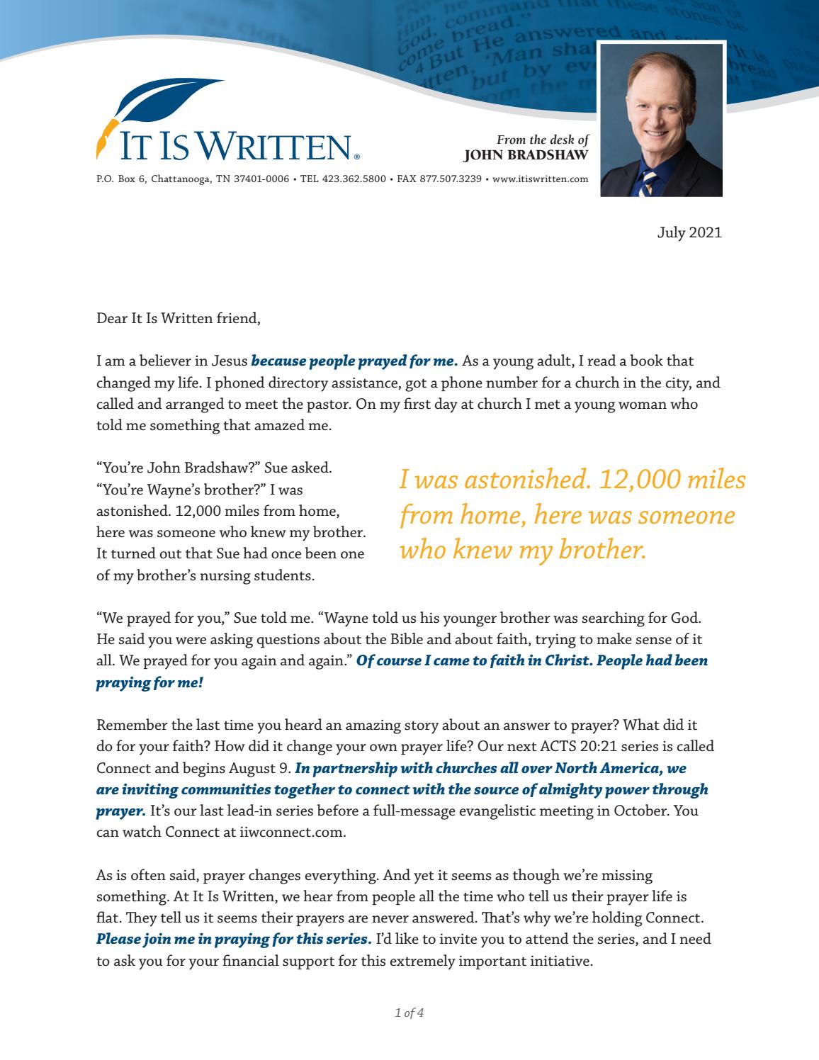 July 2021 Letter by It Is Written, Inc - Issuu