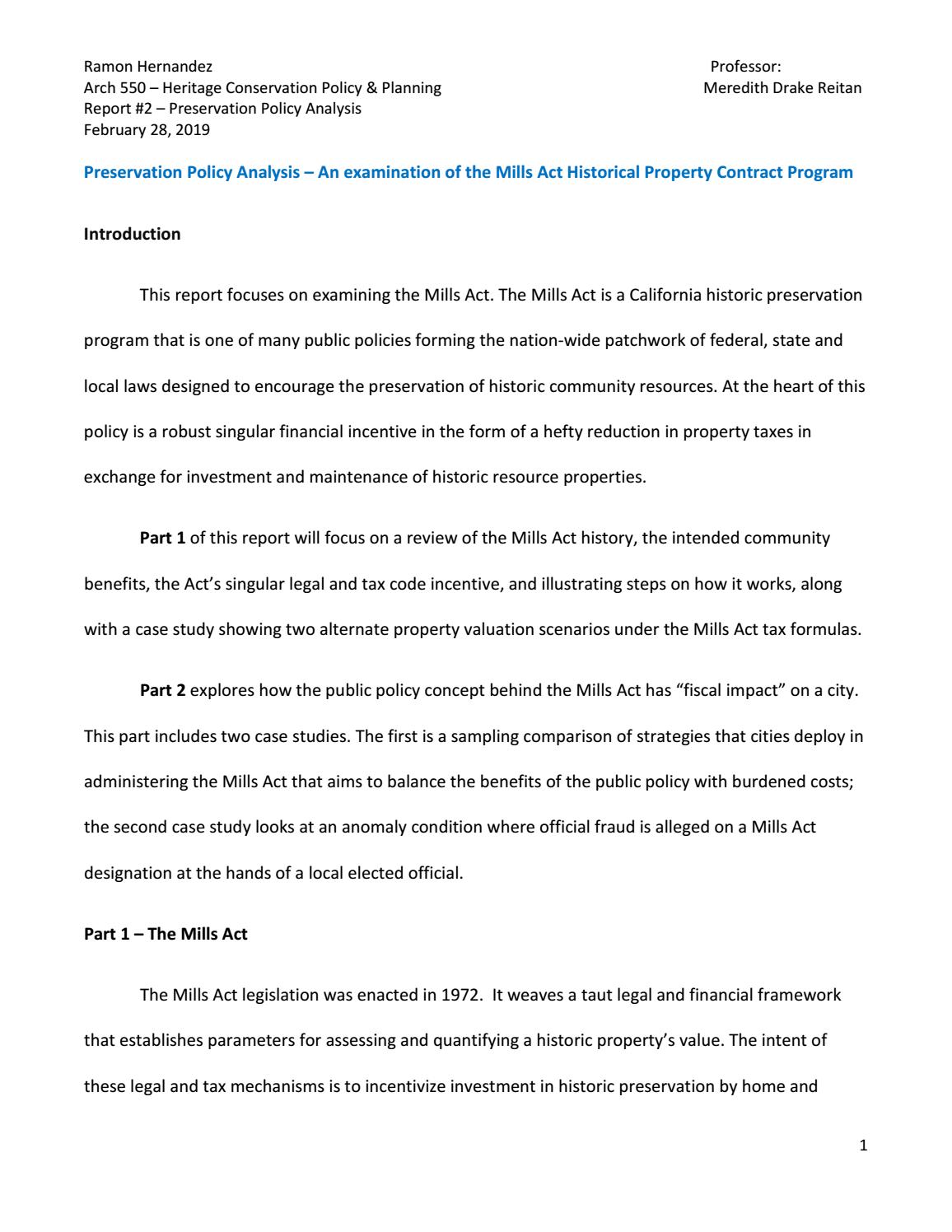 An examination of the California Mills Act Historical Property Contract ...