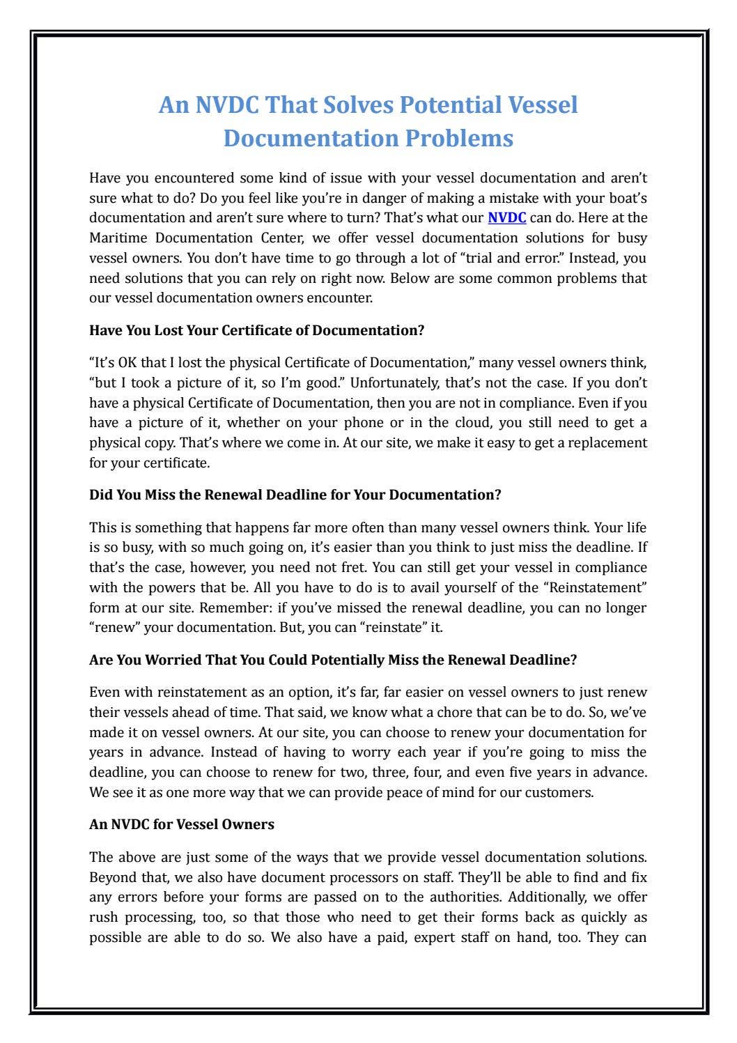 An NVDC That Solves Potential Vessel Documentation Problems by Chirag ...