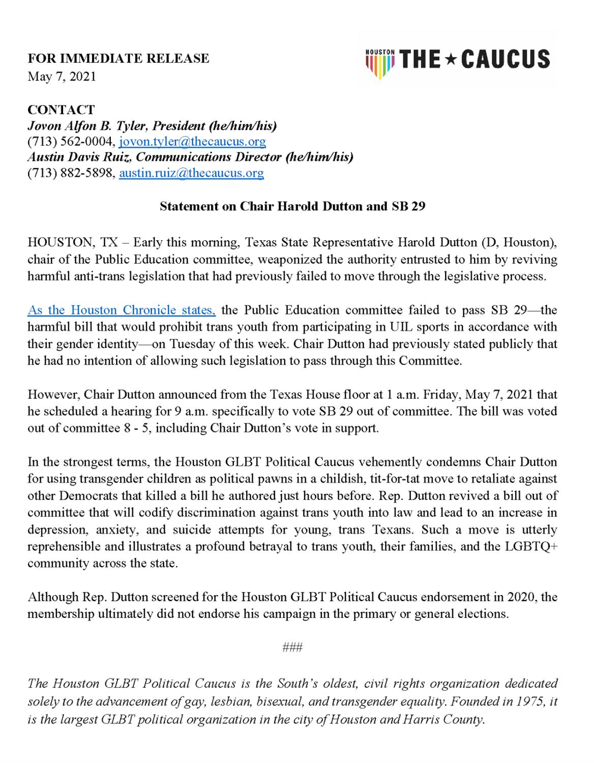 The Houston LGBTQ Political Caucus Goes After State Rep. Harold Dutton ...