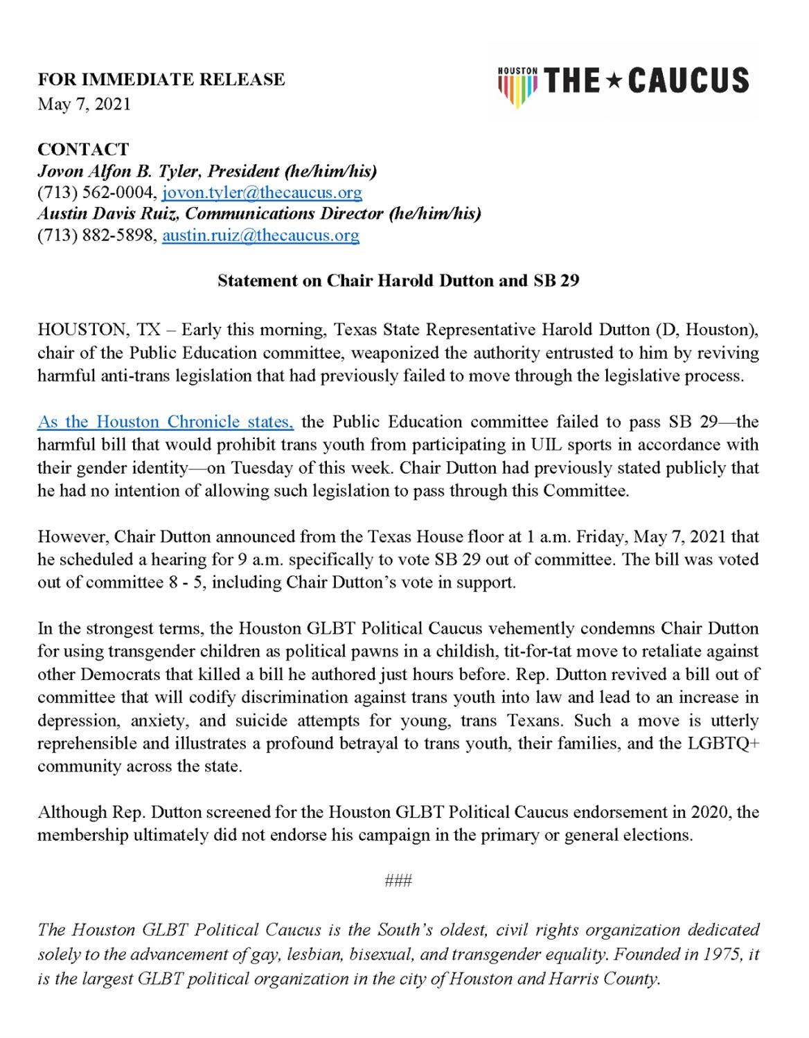 The Houston LGBTQ Political Caucus Goes After State Rep. Harold Dutton ...