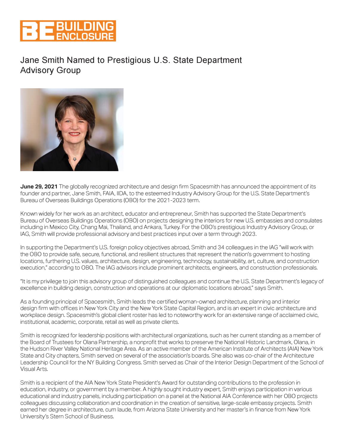 Jane Smith Named to the U.S. State Department Advisory Group by ...