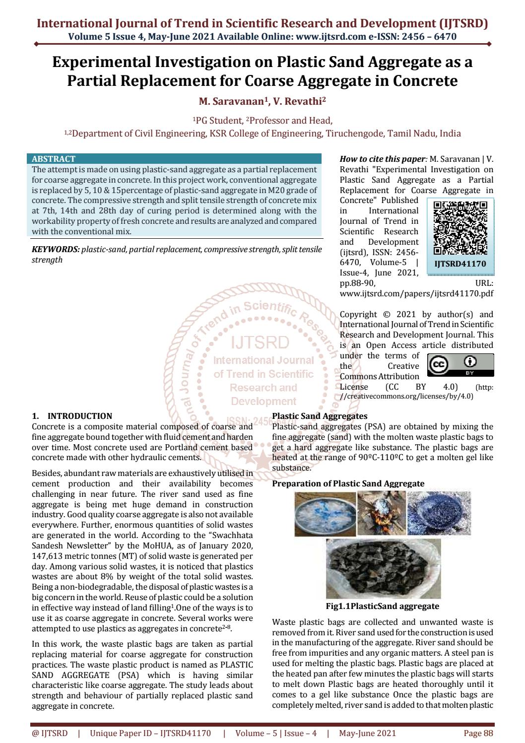 Experimental Investigation on Plastic Sand Aggregate as a Partial Replacement for Coarse ...