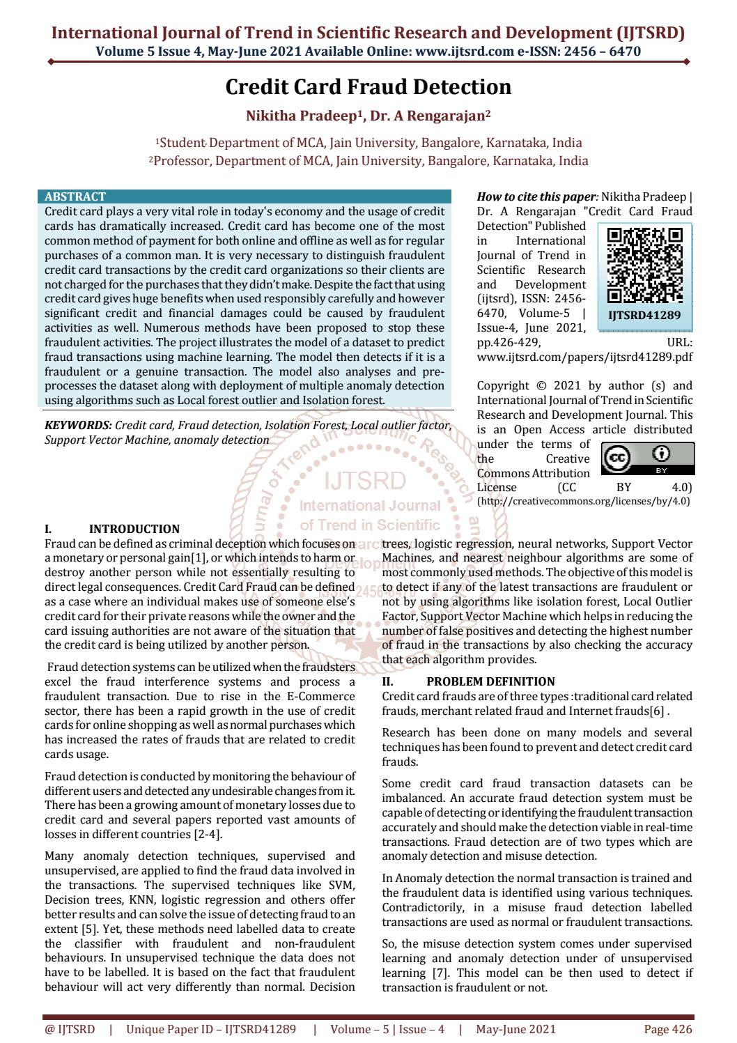 Credit Card Fraud Detection by International Journal of Trend in ...