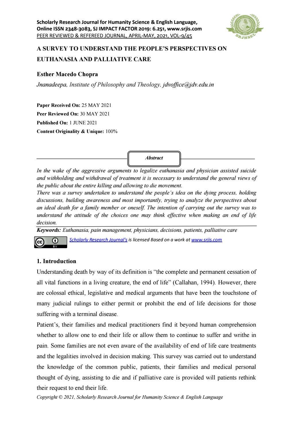 A SURVEY TO UNDERSTAND THE PEOPLE’S PERSPECTIVES ON EUTHANASIA AND ...