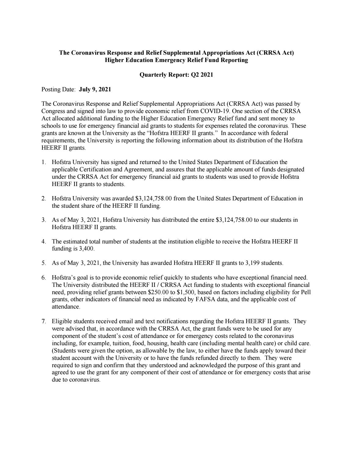 CRRSA ACT STUDENT SHARE SECOND QUARTER 2021 REPORT – FINAL by Hofstra ...