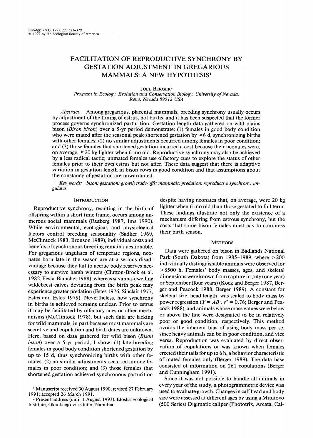 Facilitation of Reproductive Synchrony by Gestation Adjustment in ...