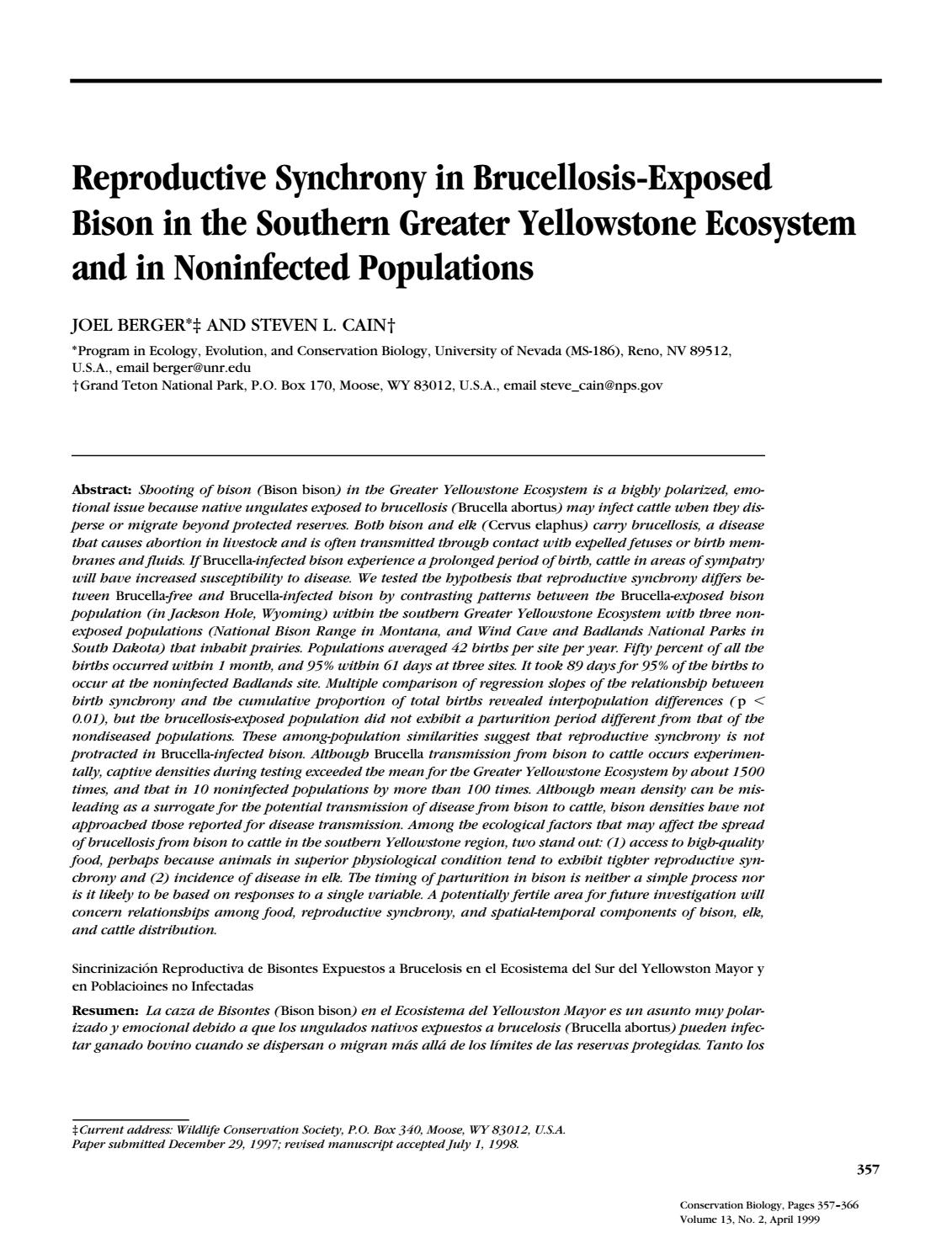 Reproductive Synchrony in Brucellosis-Exposed Bison in the Southern ...