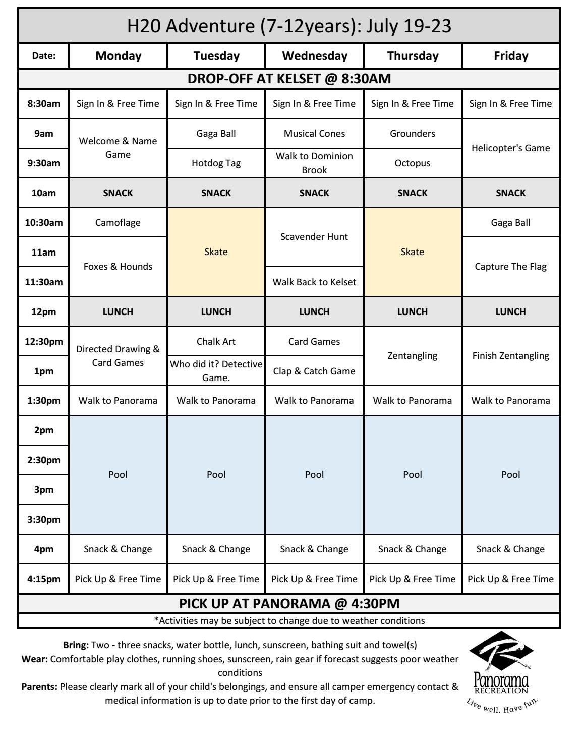 H20 Adventure Activity Schedules 2021 - 7-12yrs by Panorama Recreation ...