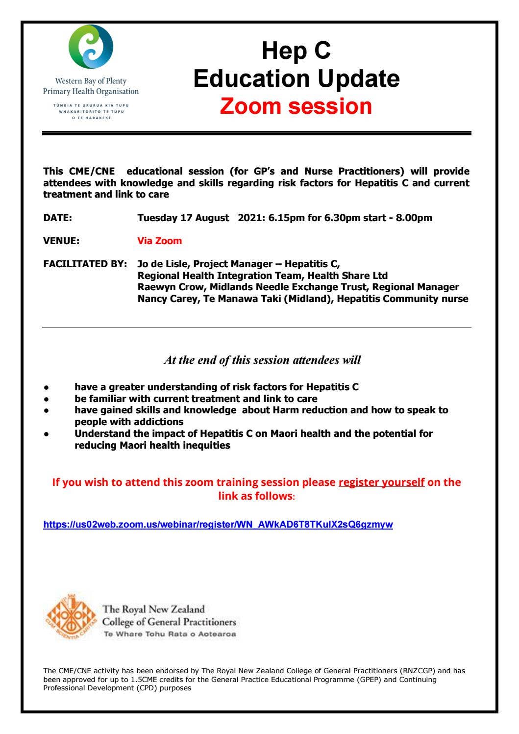 Flyer for CME CNE Hep C education update zoom only 17 August 2021 by ...