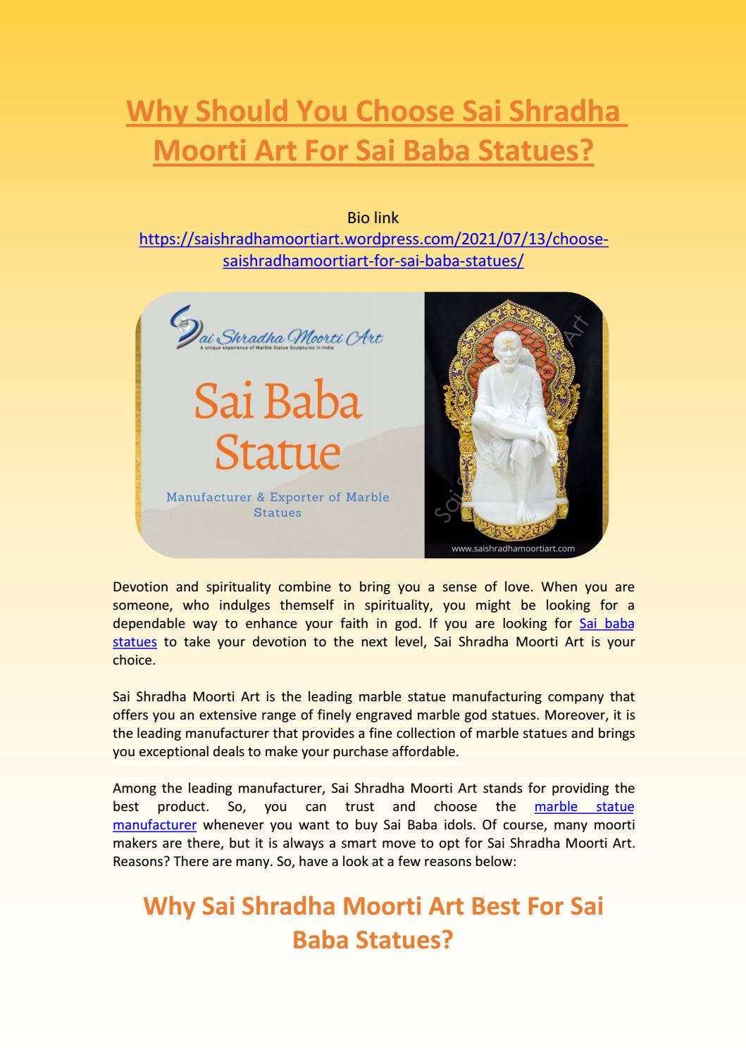 Buy Sai Baba Marble Statue From Sai Shradha Moorti Art by Sai Shradha ...