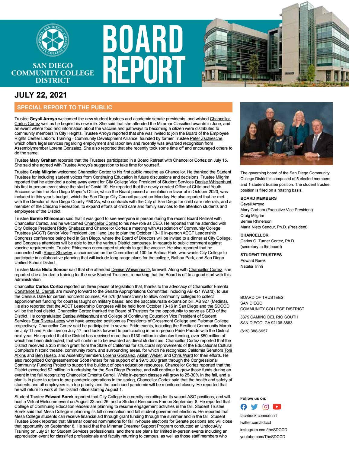 SDCCD BOARD REPORT - July 22, 2021 by San Diego Community College ...