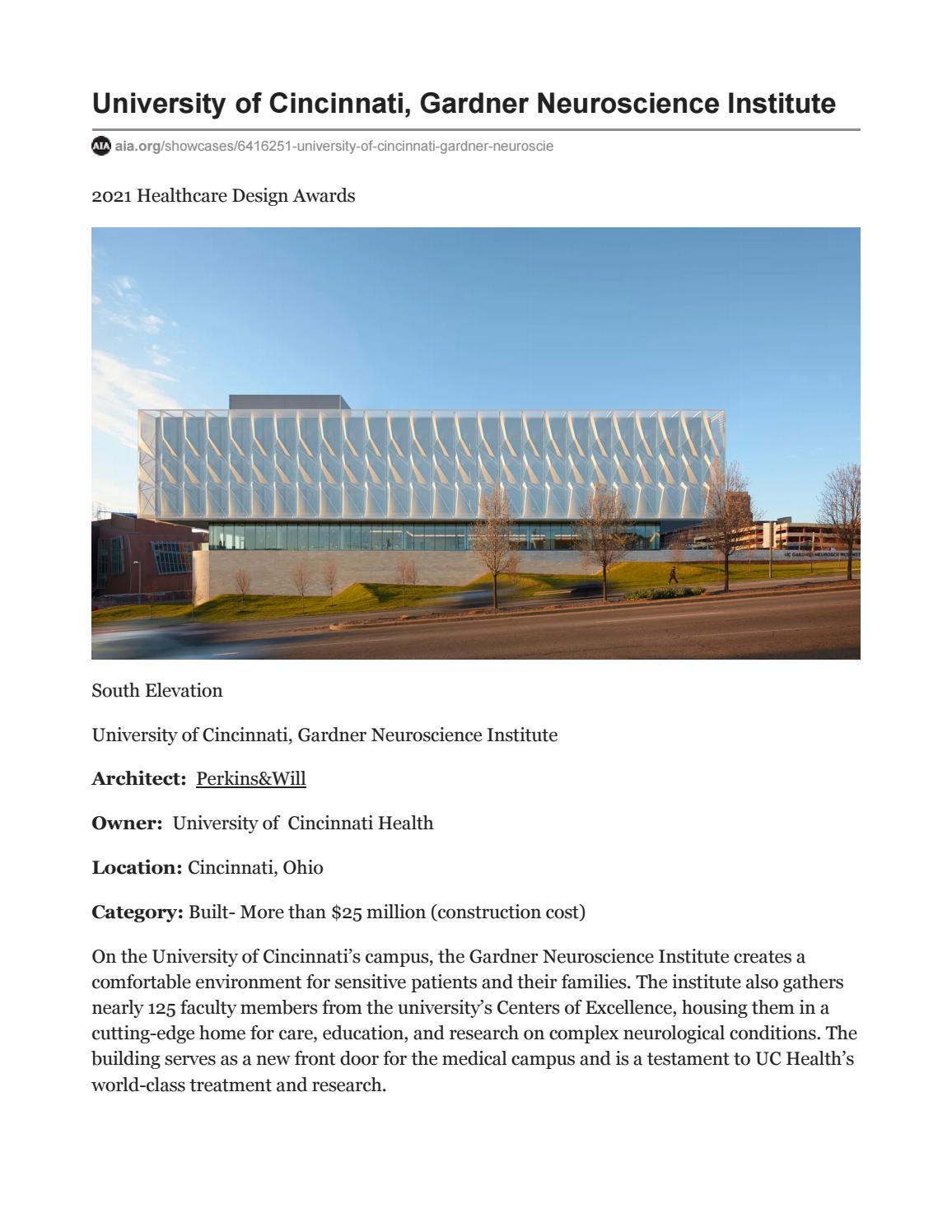 2021 AIA Healthcare Design Awards: University of Cincinnati, Gardner Neuroscience Institute by ...