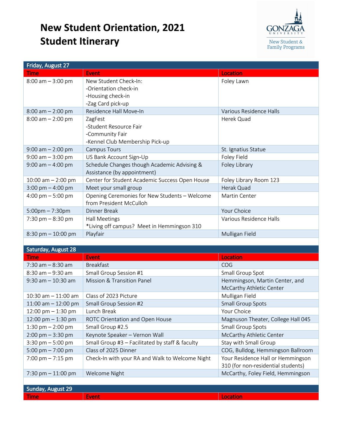 New Student Orientation, 2021 Student Itinerary by Gonzaga University ...