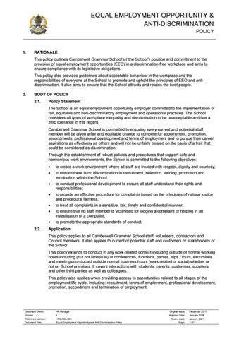 Equal Employment Opportunity And Anti Discrimination Policy By Camberwell Grammar School Issuu