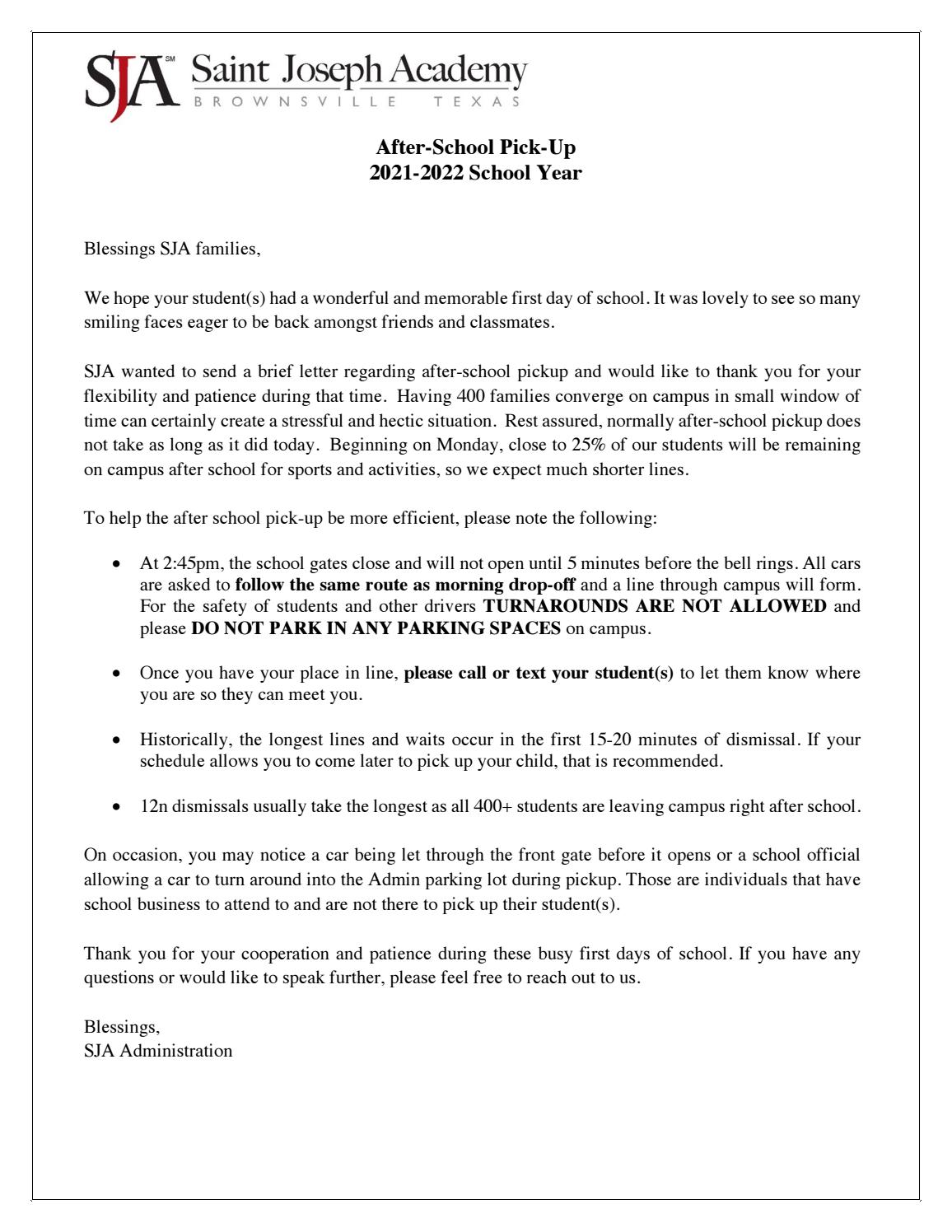 After School Pick-Up Letter by St. Joseph Academy - Issuu