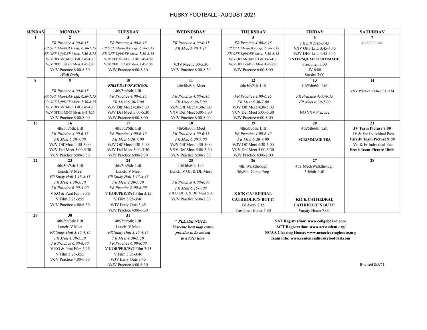 2021 | Centennial Husky Football - August Calendar by PREPS 365 - Issuu
