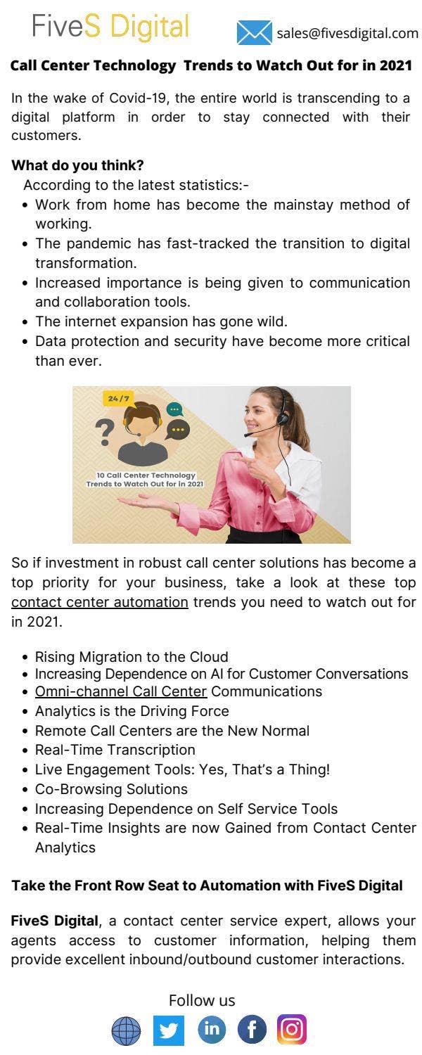 Call Center Technology Trends to Watch Out for in 2021 by fivesplashdigital - Issuu