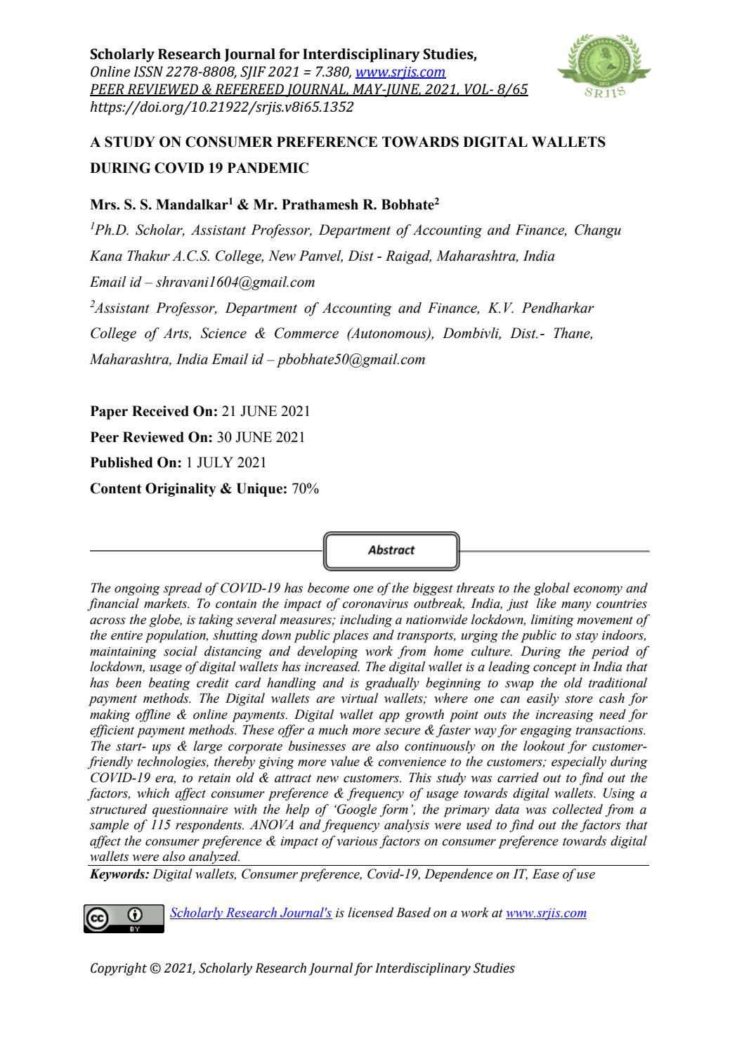 A STUDY ON CONSUMER PREFERENCE TOWARDS DIGITAL WALLETS DURING COVID 19 ...